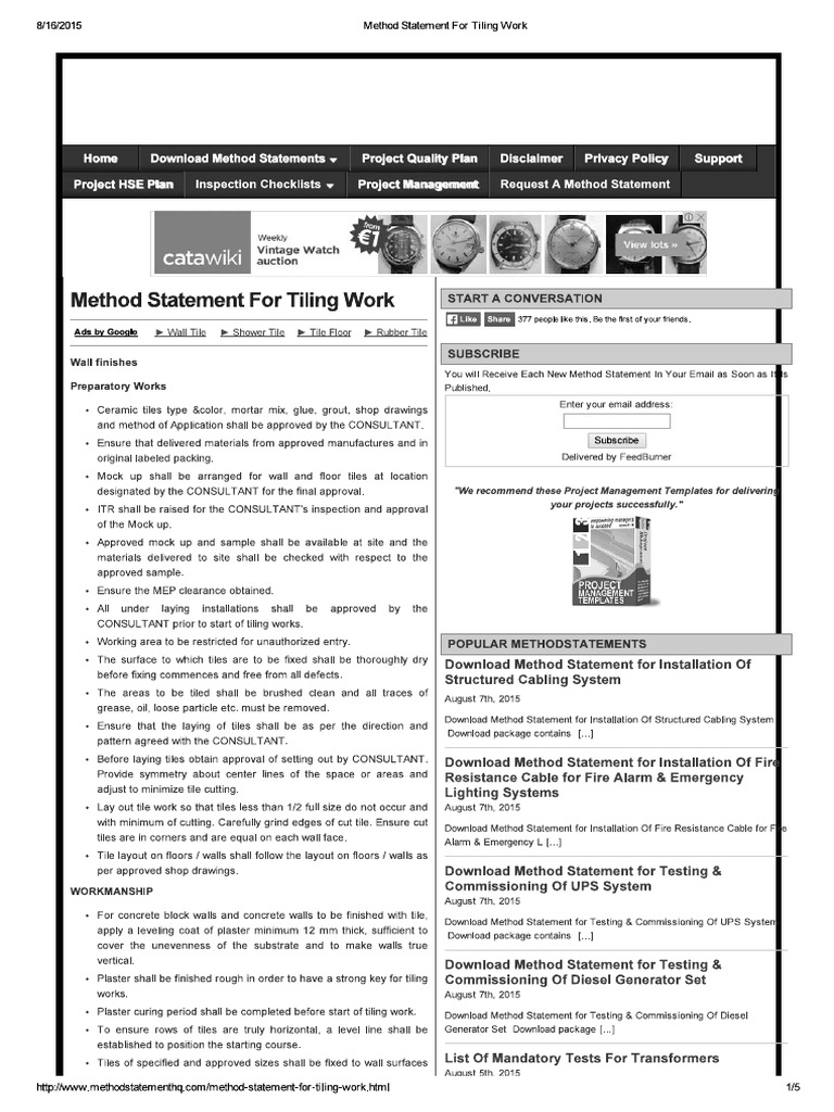 Method Statement For Tiling Work | PDF