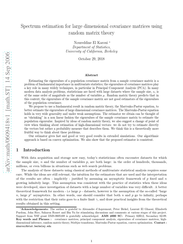 Spectrum Estimation For Large Dimensional Covariance Matrices Using Random Matrix Theory | PDF ...