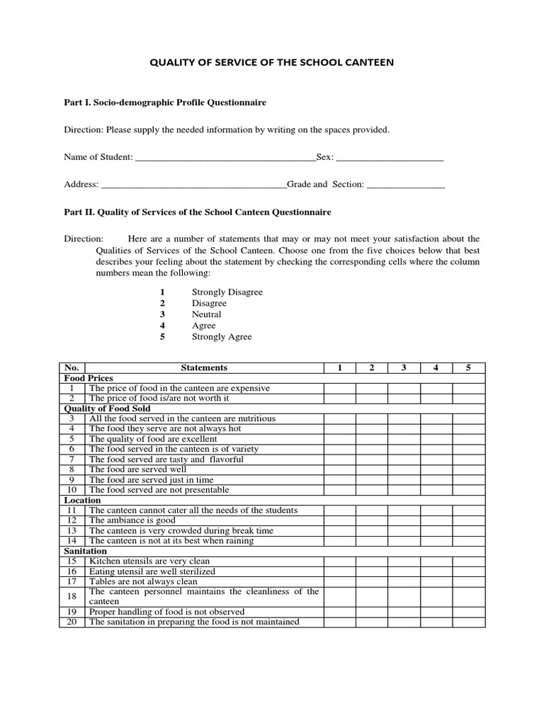 School Canteen Service Quality Survey | PDF | Cafeteria | Foods