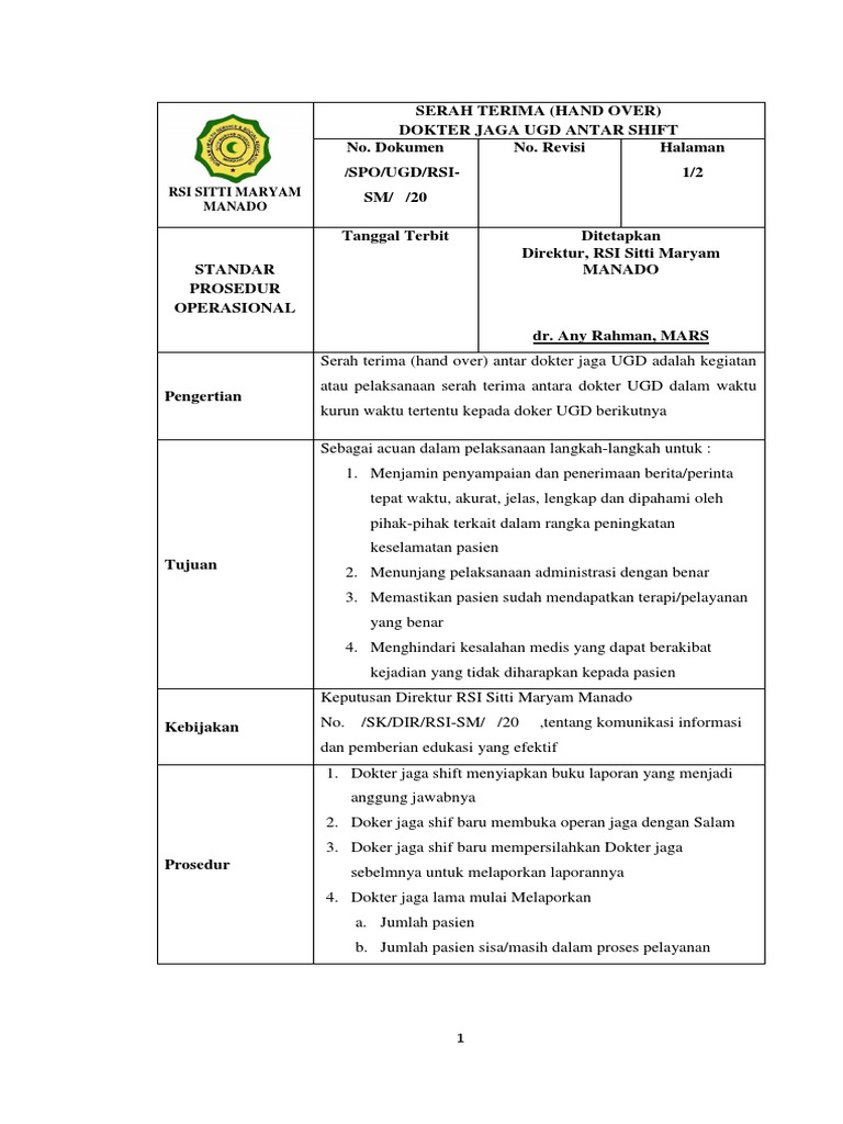 Sop Hand Over Dokter Jaga | PDF
