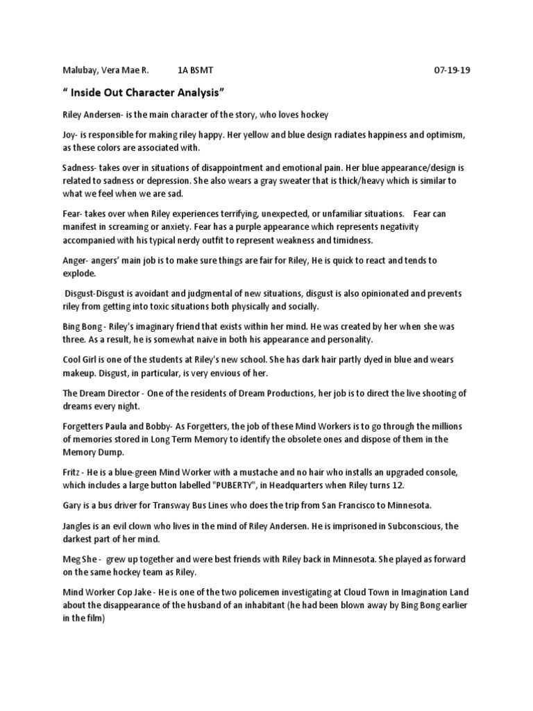 Inside Out character analysis under 40 chars | PDF | Emotions ...