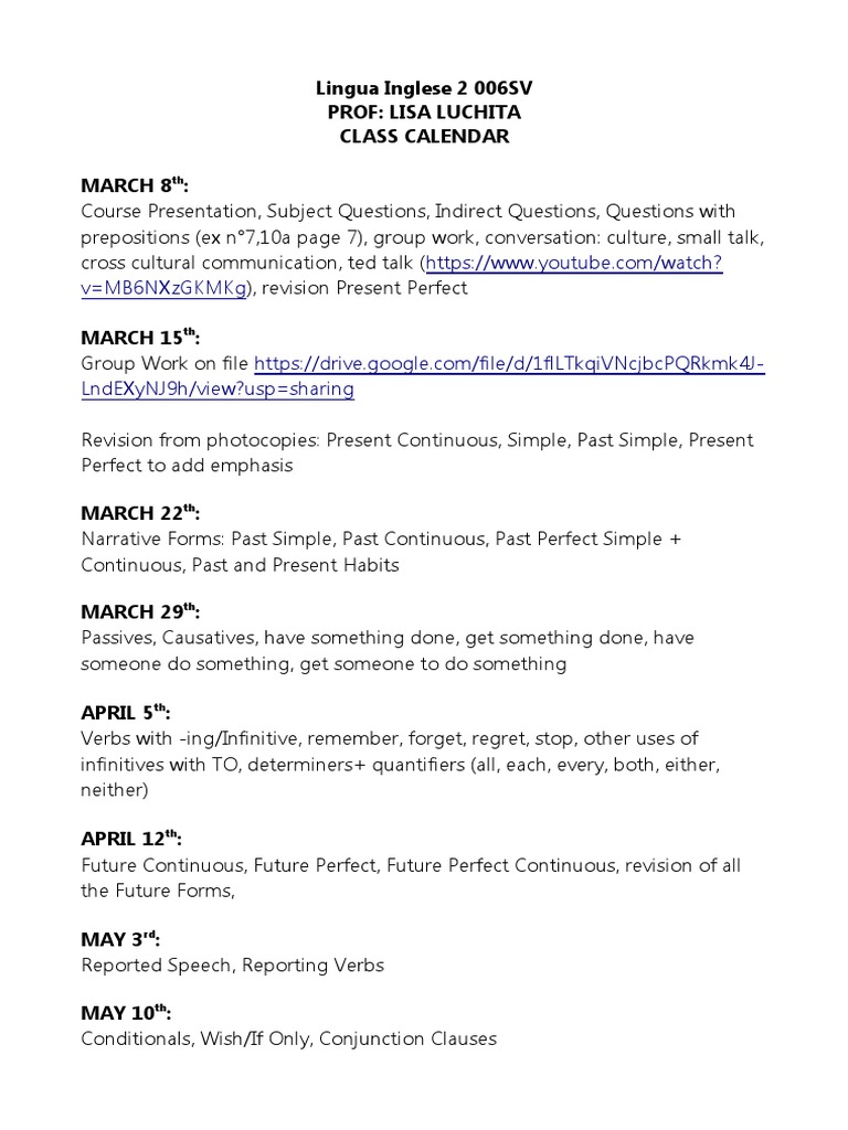 English Course Calendar and Topics | PDF