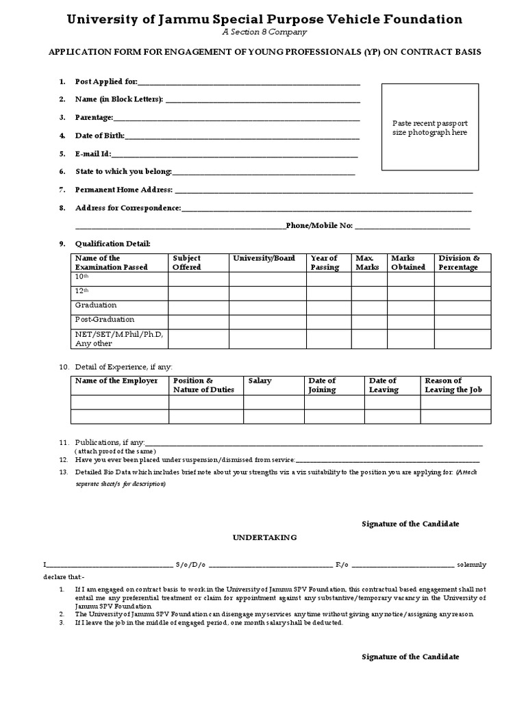 Application Form For Engagement of Young Professionals (Yp) On Contract ...
