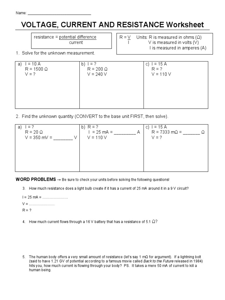 Voltage, Current, and Resistance Worksheet | PDF | Volt | Voltage
