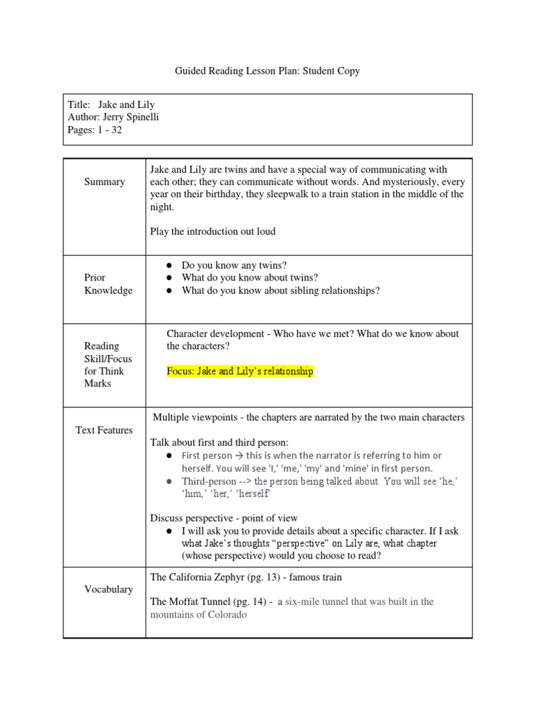 Jake and Lily Teacher Table Lesson Plan 1 | PDF | Narration