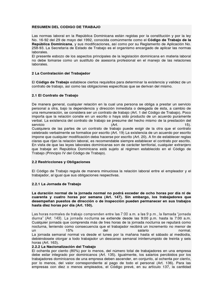 Resumen Del Codigo de Trabajo | PDF | Derecho laboral | Salario