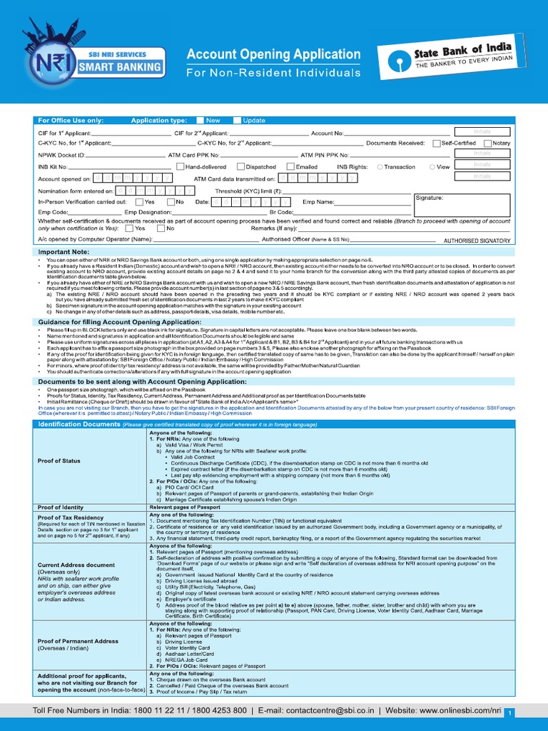 SBI NRI Account Opening Application | PDF