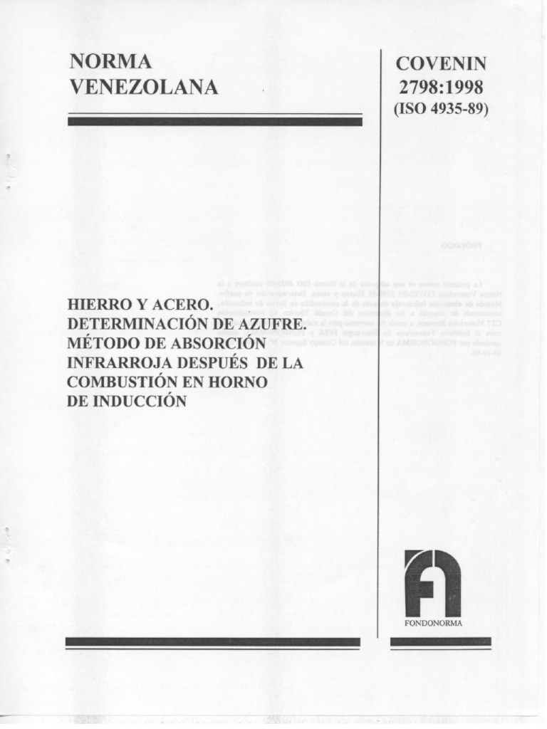 Covenin 2798-91 ISO 4935 Determinacion Del Contenido de Azufre ...