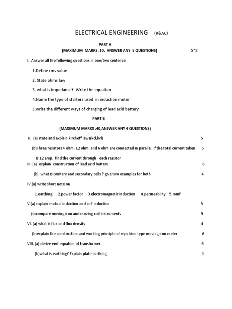 Electrical Engineering: (Maximum Marks:10, Answer Any 5 Questions) 5 2 ...
