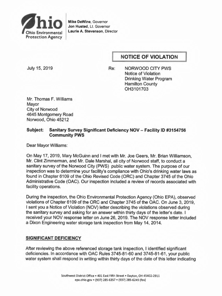 July 15 Ohio EPA letter to Norwood Mayor Thomas Williams | Drinking ...