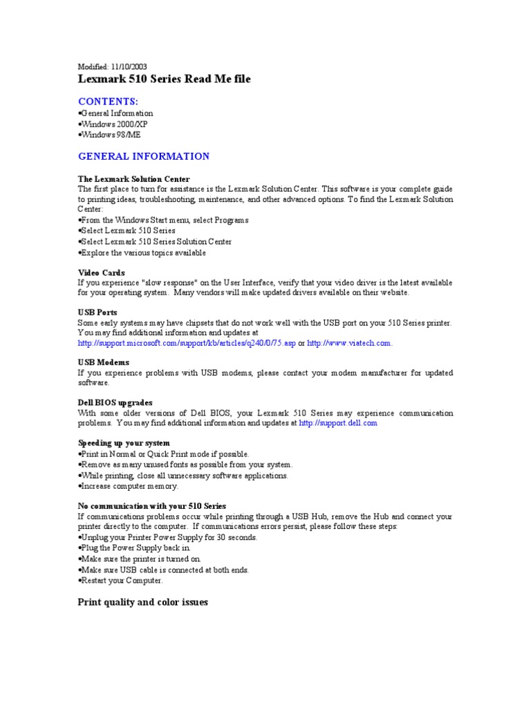 Lexmark 510 Series Read Me File: Contents | PDF | Microsoft Windows ...