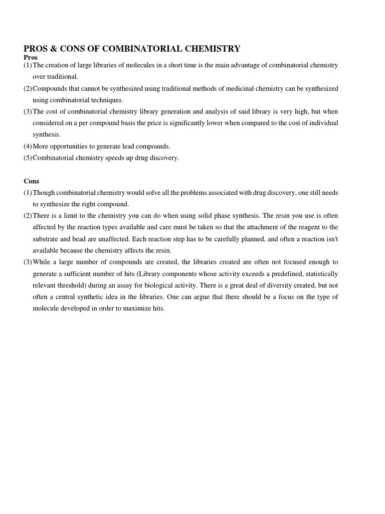 Pros & Cons of Combinatorial Chemistry | PDF