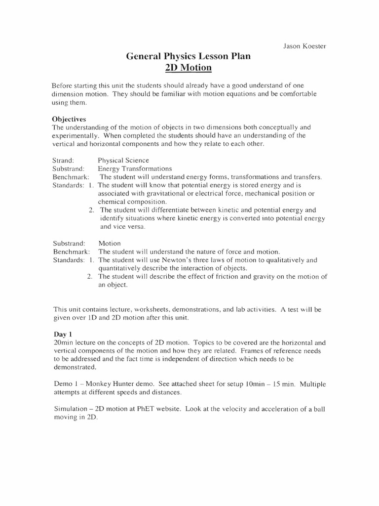 General Physics Lesson Plan 2D Motion: Objective | PDF | Physics ...
