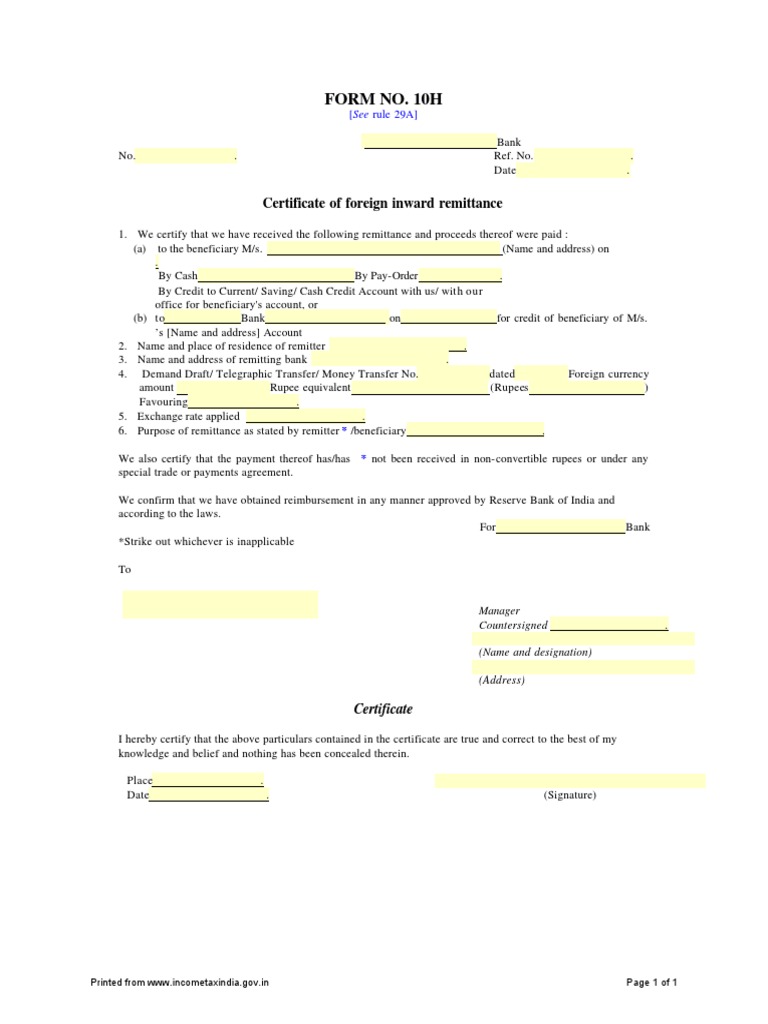 Form No. 10H: Certificate of foreign inward remittance | Credit ...