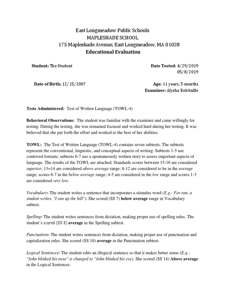 TOWL-4 Evaluation Report | PDF | Sentence (Linguistics) | Vocabulary