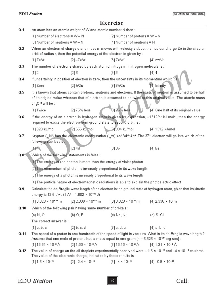 Atomic Structure MCQs PDF | PDF | Electron | Energy Level