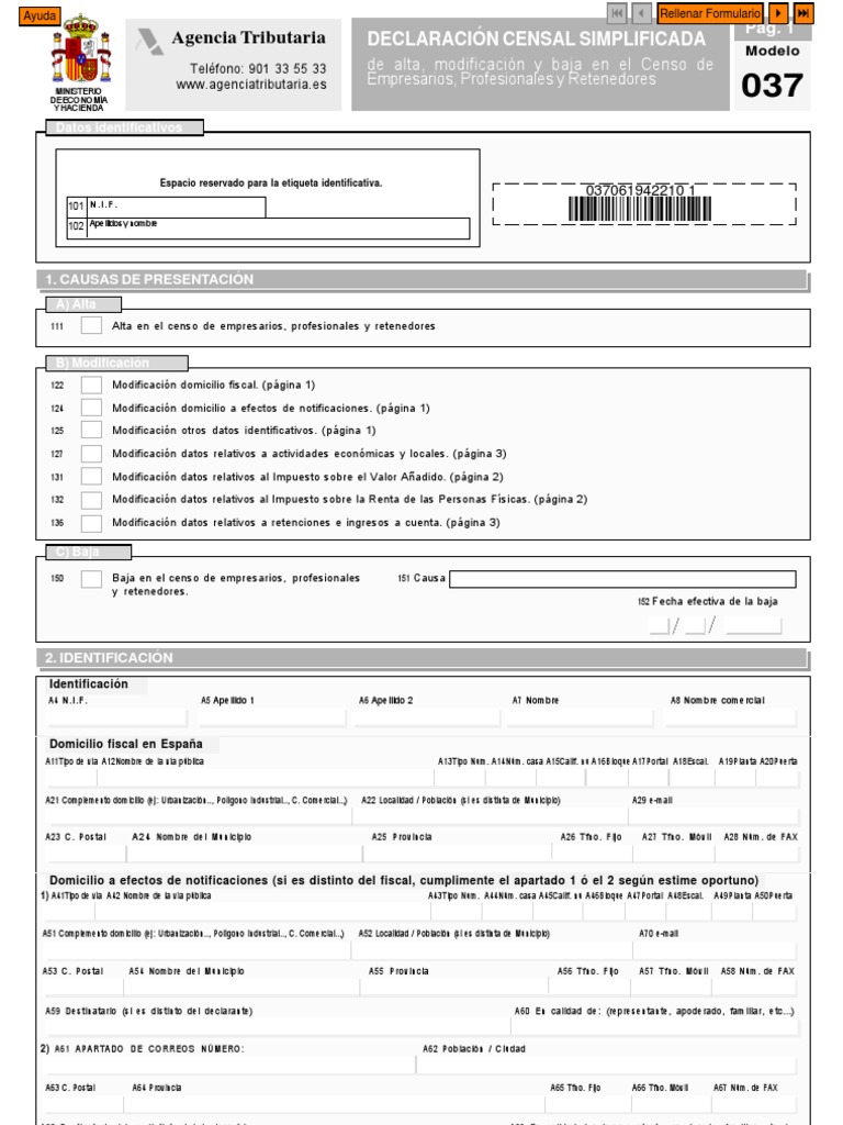 Modelo 037 Declaración Censal Simplificada | PDF | Finanzas personales ...