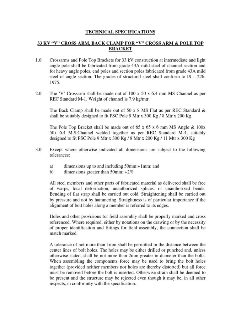 Technical Specifications 33 KV "V" Cross Arm, Back Clamp For "V" Cross ...