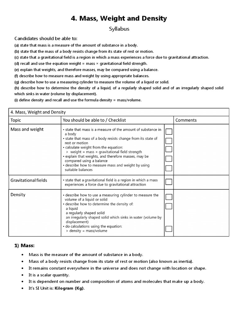 Mass, Weight & Density Notes | PDF | Weight | Mass