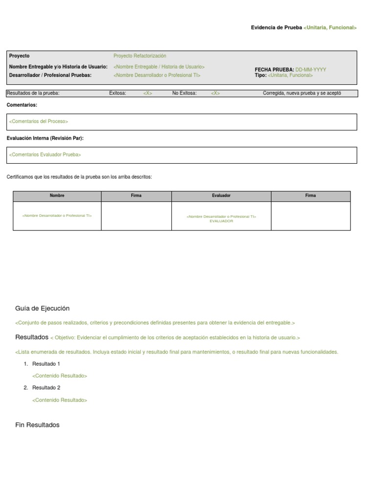 Pruebas Unitarias, Formato de Recopilación de Evidencias | PDF