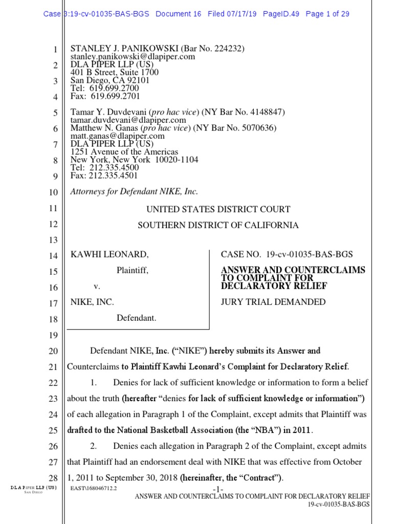 Kawhi Leonard v. Nike Answer and Counterclaims | PDF | Declaratory Judgment | Complaint