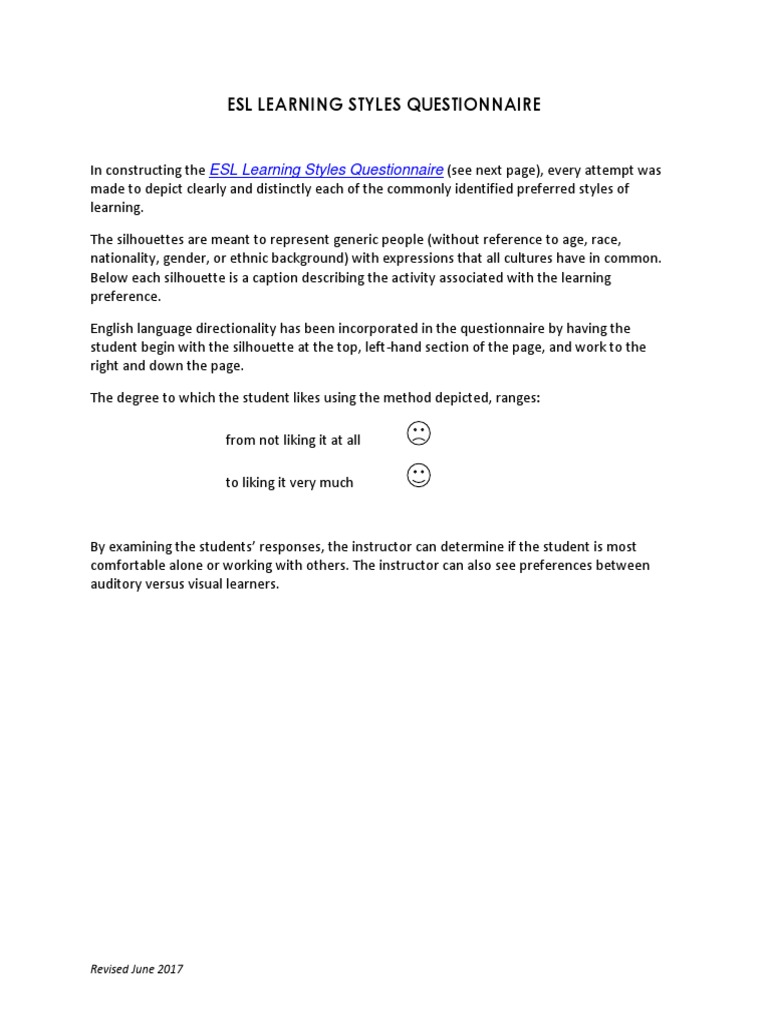 Learning Styles Questionnaire | PDF | English As A Second Or Foreign ...