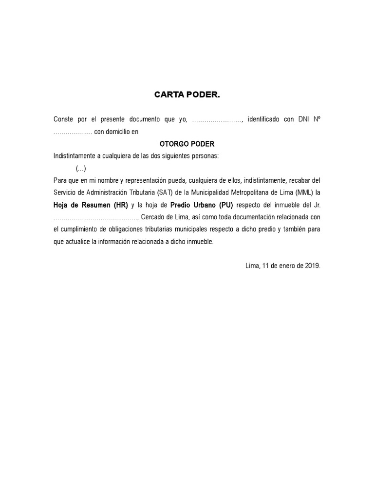 MODELO de CARTA PODER para Obtener HR y PU de Predio | PDF | Derecho