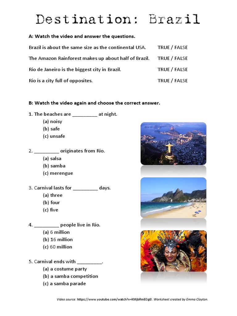 Destination: Brazil: A: Watch The Video and Answer The Questions | PDF