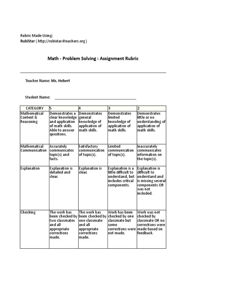 Hebert- Rubric, Problem Solving Assignments | Rubric (Academic ... Hebert- Rubric, Problem Solving Assignments | Rubric (Academic ...