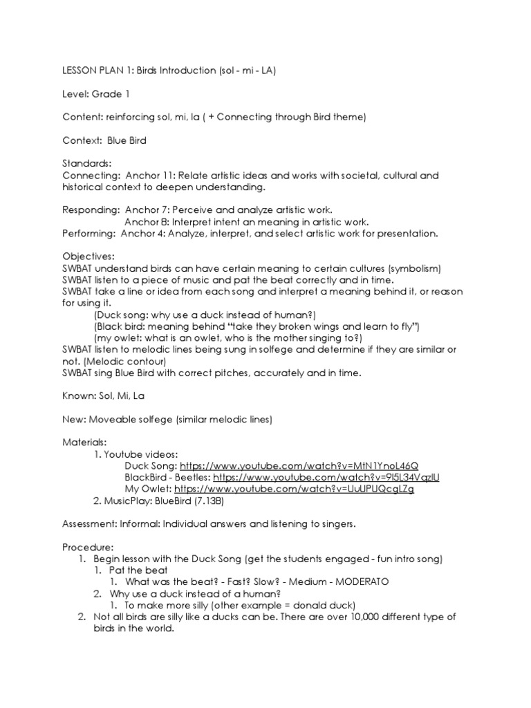 Bird Lesson Plan - Grade 1 | PDF | Singing | Songs