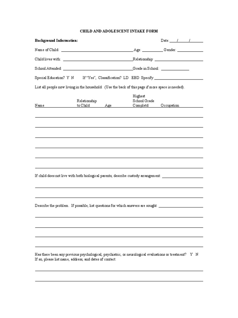 Child and Adolescent Intake Form | PDF