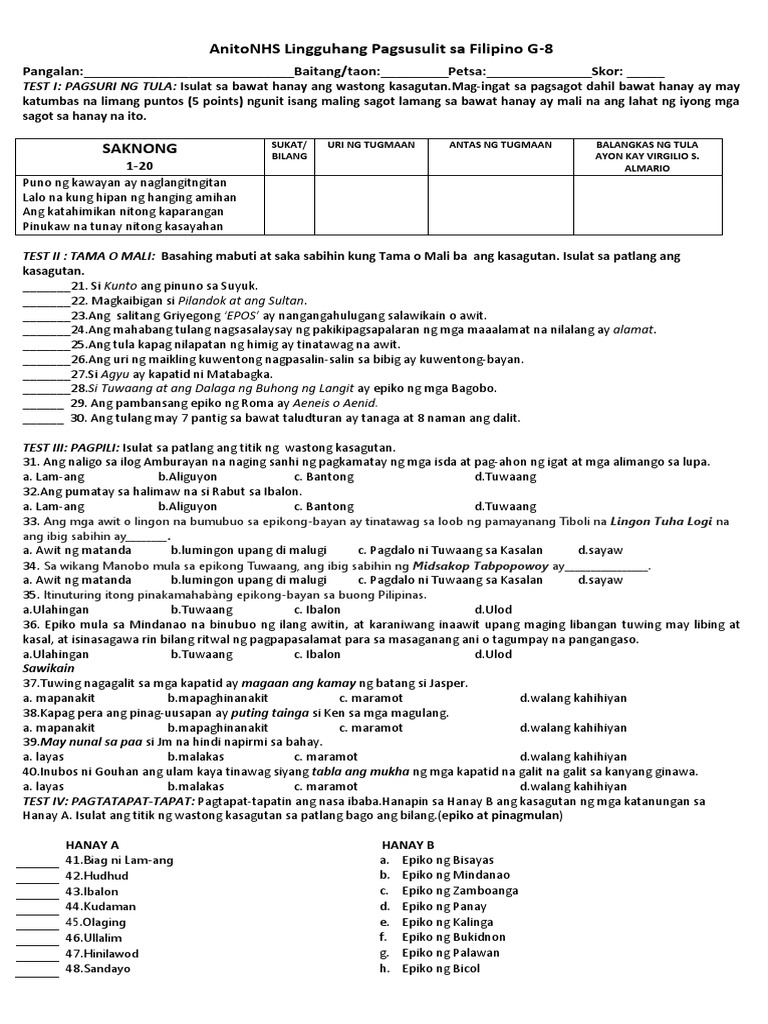 AnitoNHS Lingguhang Pagsusulit Sa Filipino G 8 Unang Linggo | PDF