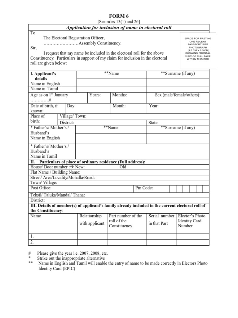 Application For Inclusion of Name in Electoral Roll: Form 6 | PDF