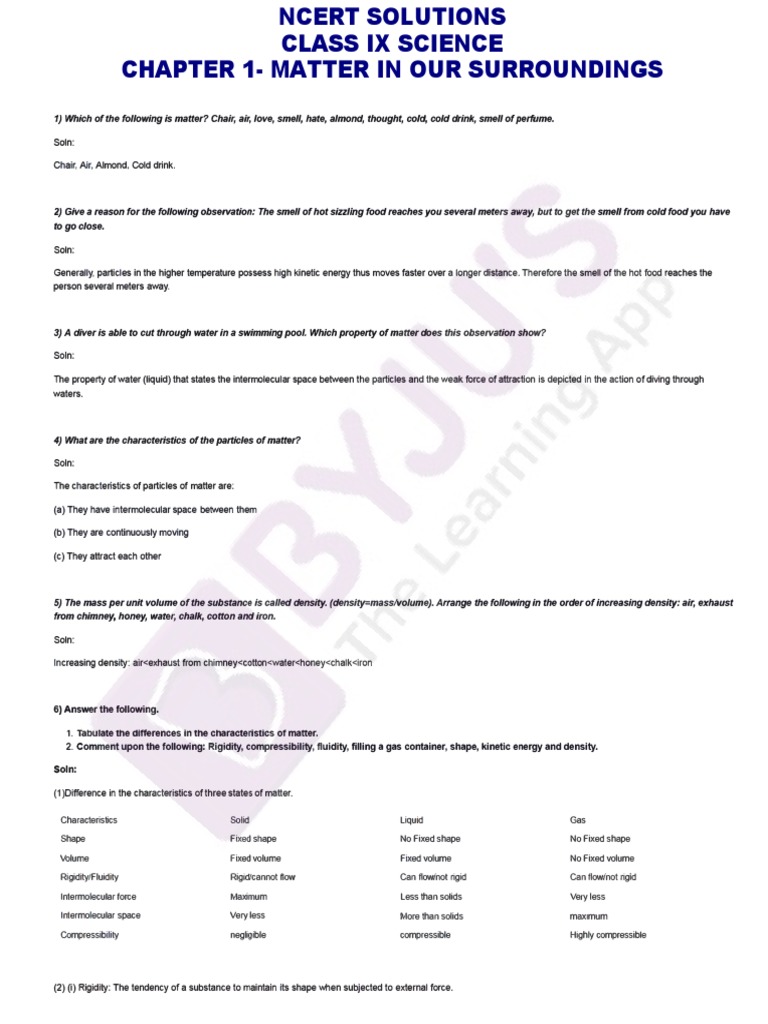 Ncert Solutions Class 9 Science Chapter 1 Matter in Our Surroundings ...