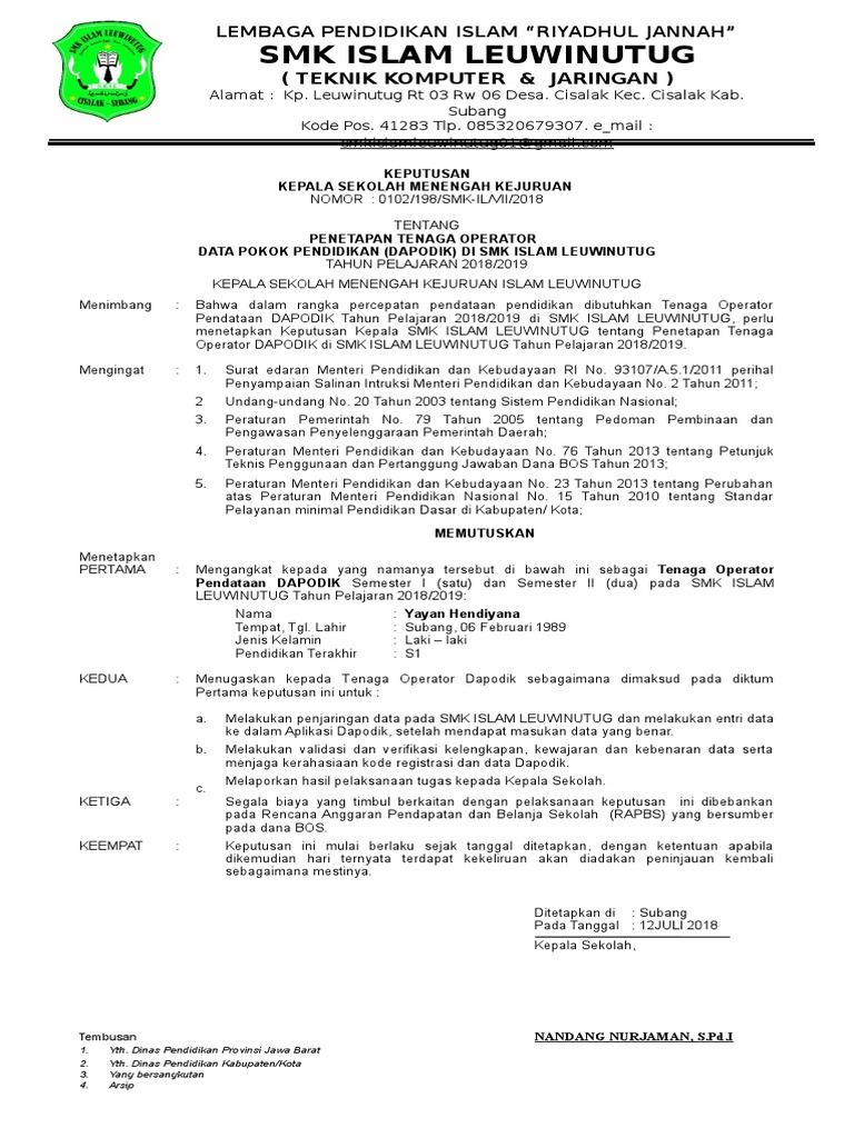 Contoh SK Operator Sekolah | PDF