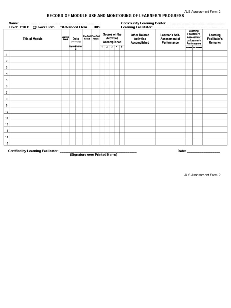 ALS Assessment Form 4 2 Form | PDF | Education Theory | Applied Psychology