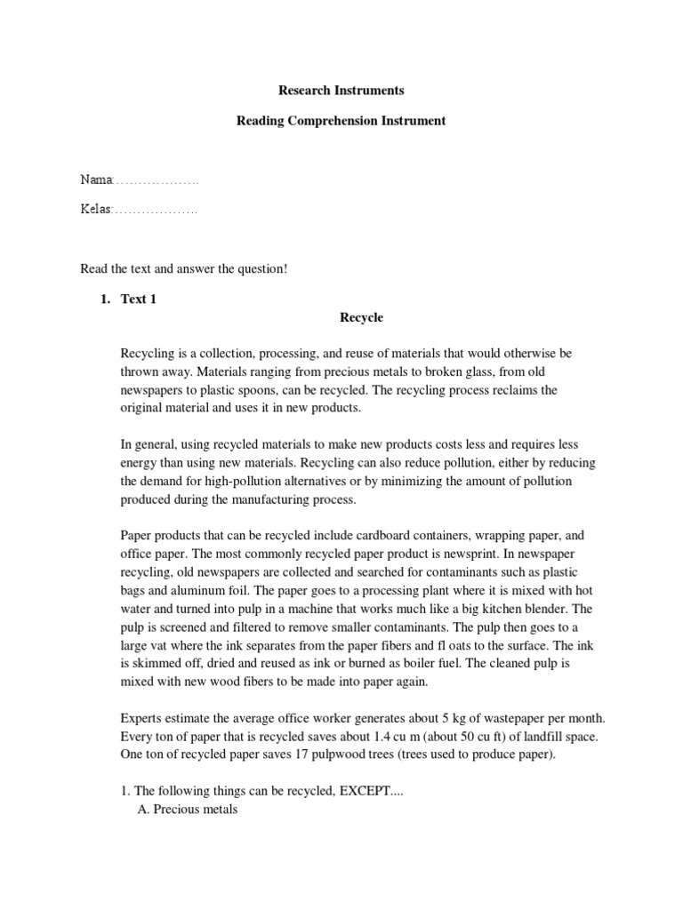 Research Instruments Reading Comprehension Instrument | PDF | Lung ...