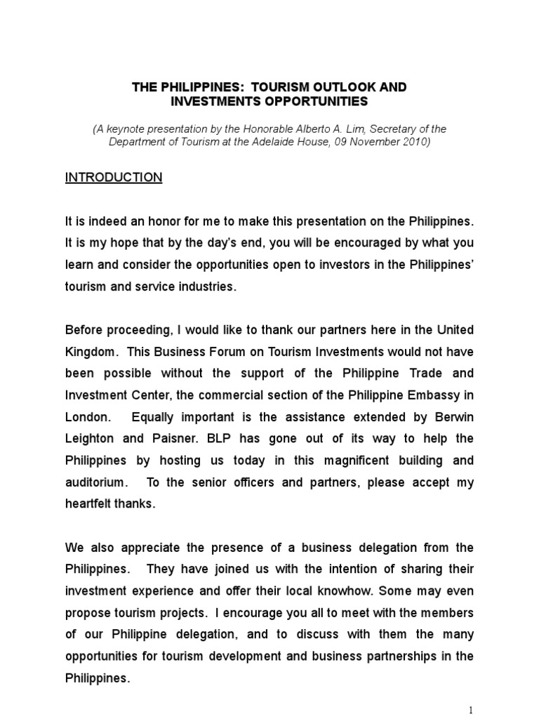 Philippines Tourism Investment Outlook | PDF | Tourism | Public–Private ...