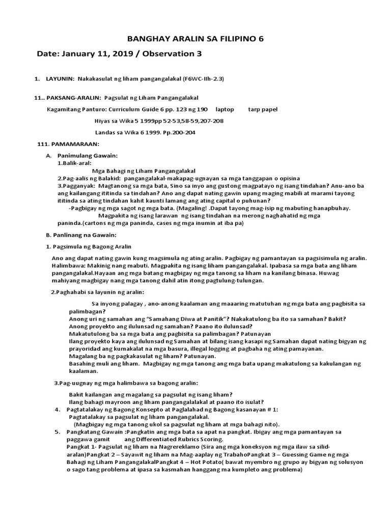 Detailed Lesson Plan in Filipino | PDF