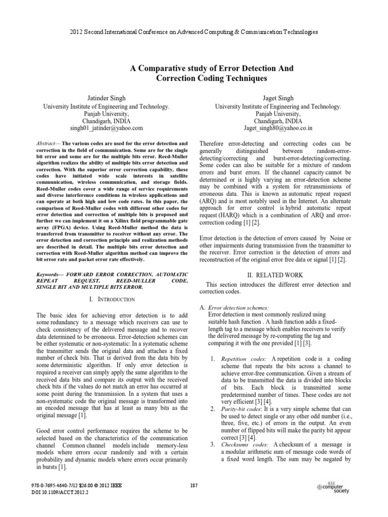 Comparative Study of Error Detection and Correction Coding Techniques ...
