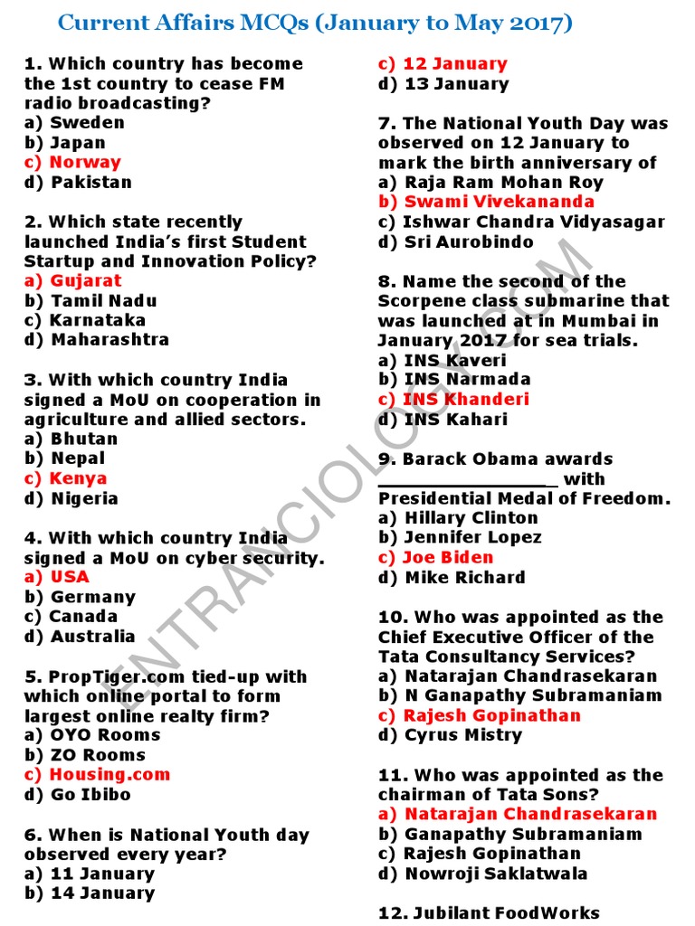 Current Affairs General Knowledge Questions and Answers From January To ...