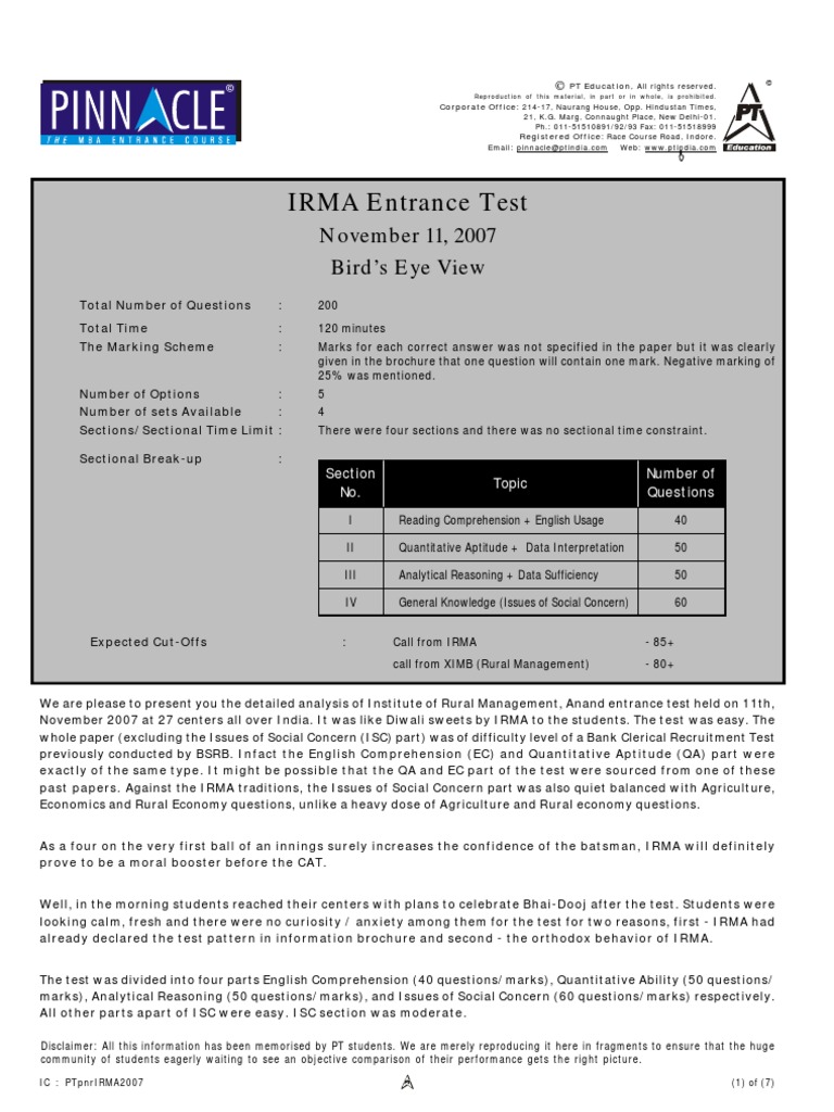 IRMA 2007 Entrance Test Analysis | PDF | Fraction (Mathematics)