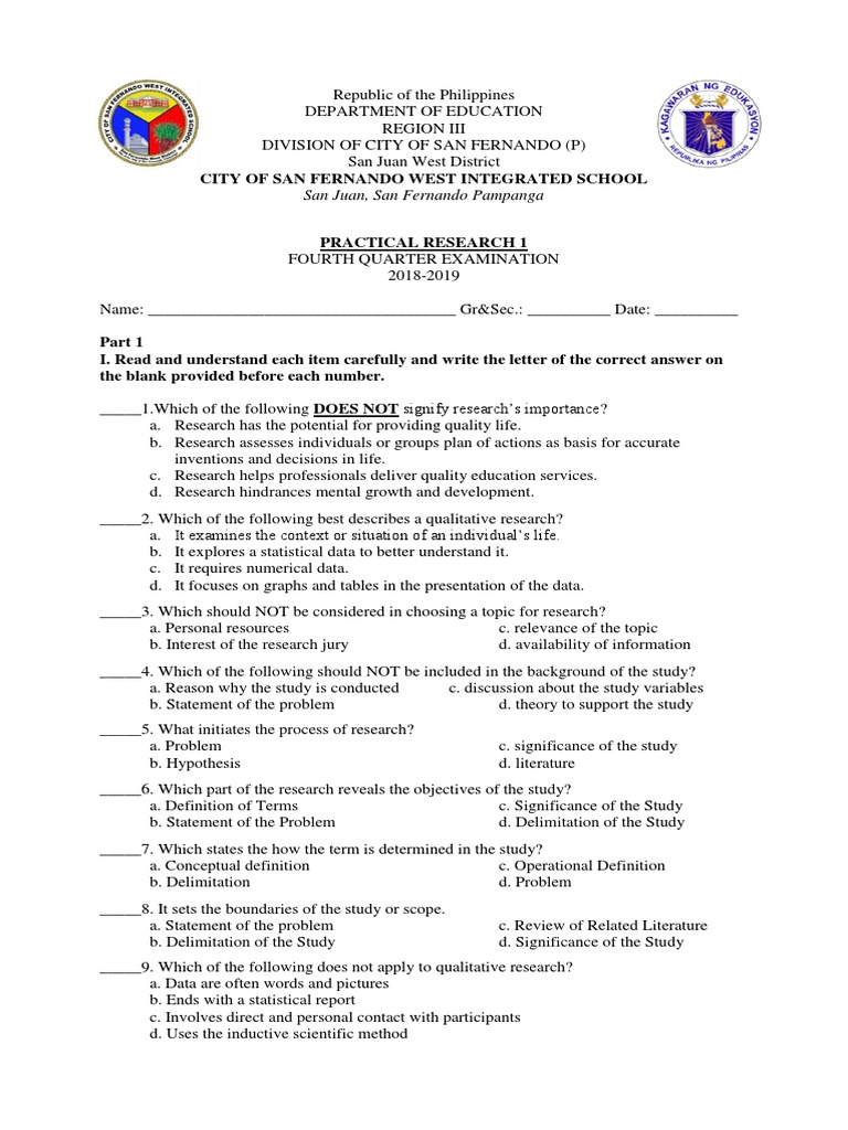Practical Research 1 Exam 2018-2019 | PDF | Scientific Method ...