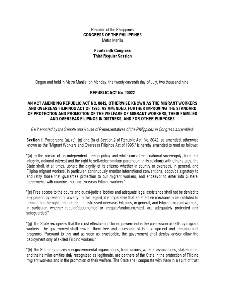RA 8042 As Amd by RA 10022 (Migrant Workers) | PDF | Migrant Worker ...