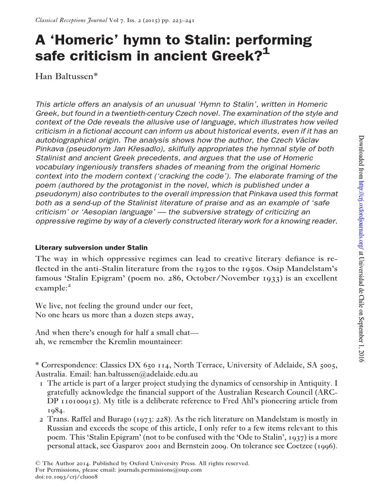 A Homeric Hymn To Stalin Performing Safe Criticism in Ancient Greek | PDF | Poetry | Joseph Stalin