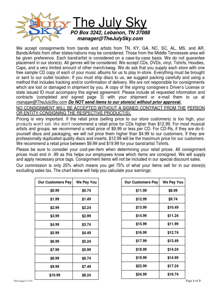 The July Sky Consignment Packet | PDF | Copyright | Damages