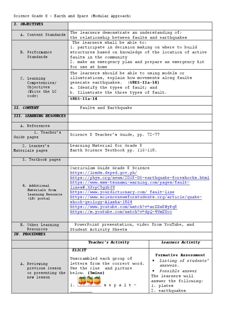 Grade 8 Lesson Plan: Earthquakes and Faults | PDF | Fault (Geology ...