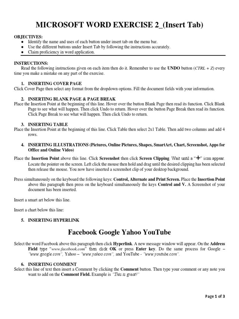 Microsoft Word Exercise 2 Insert Tab | PDF | Screenshot | Computer Keyboard
