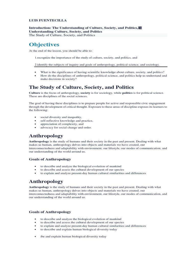 Objectives: The Study of Culture, Society, and Politics | PDF ...