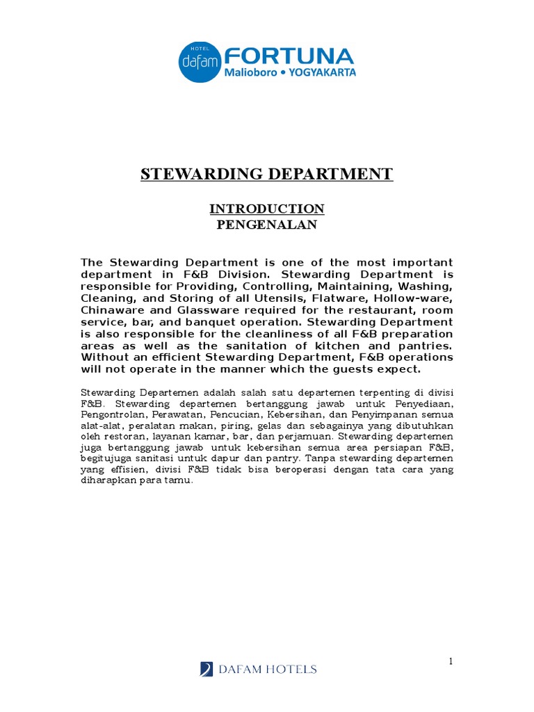 Stewarding Department, TRNG Manual & S.O.P | PDF